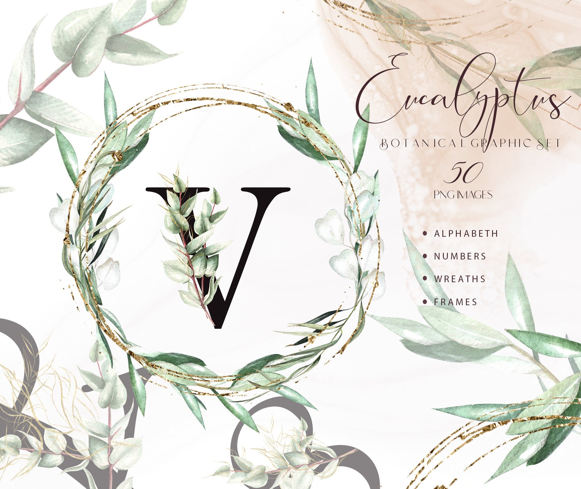 Floral Alphabet Clipart - Floral Monogram Eucalyptus Wreath - Printable ...