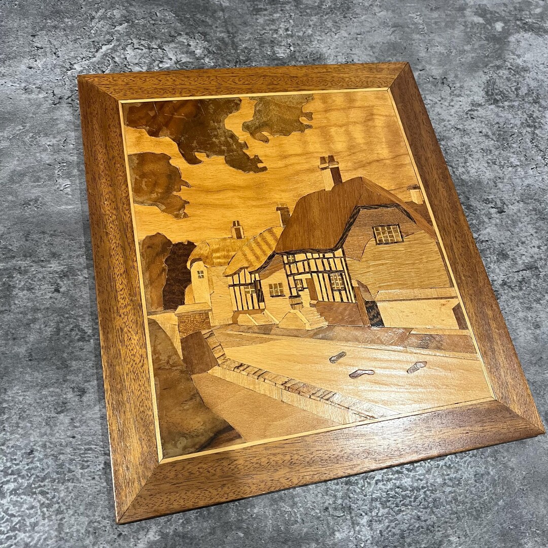 Vintage Wooden Marquetry Inlay Picture Tudor Houses Village Italy Home ...