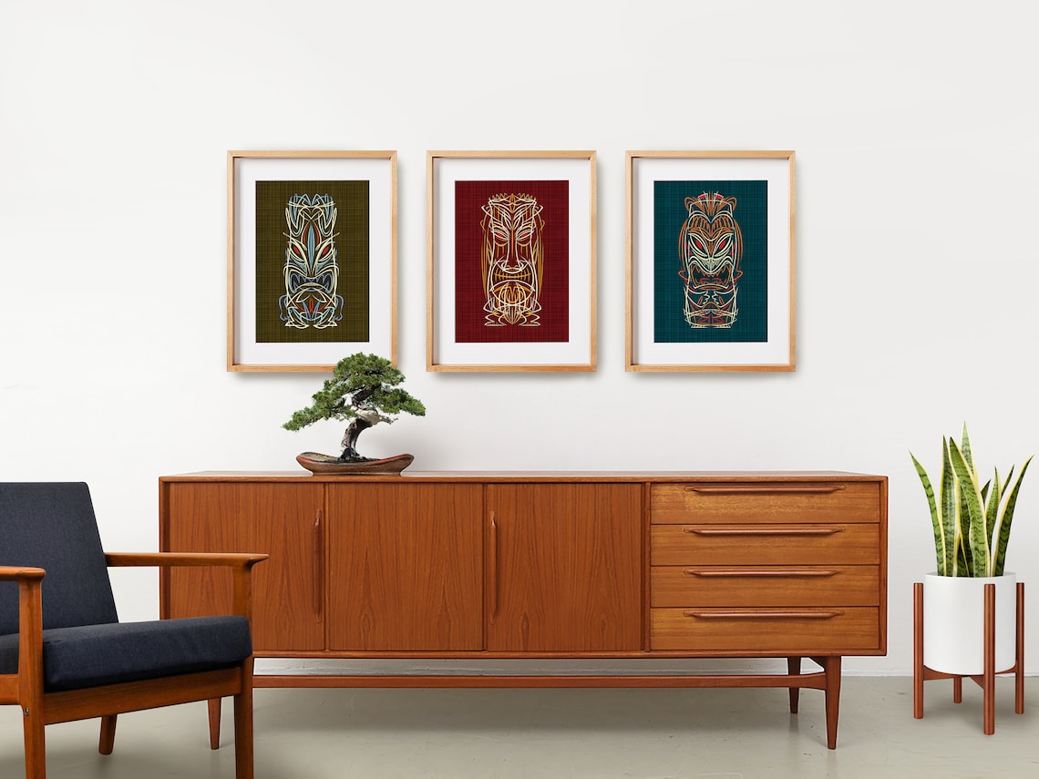Pinstripe Tiki Head Art Print No. 3, Mid Century Modern, Tiki Lounge ...
