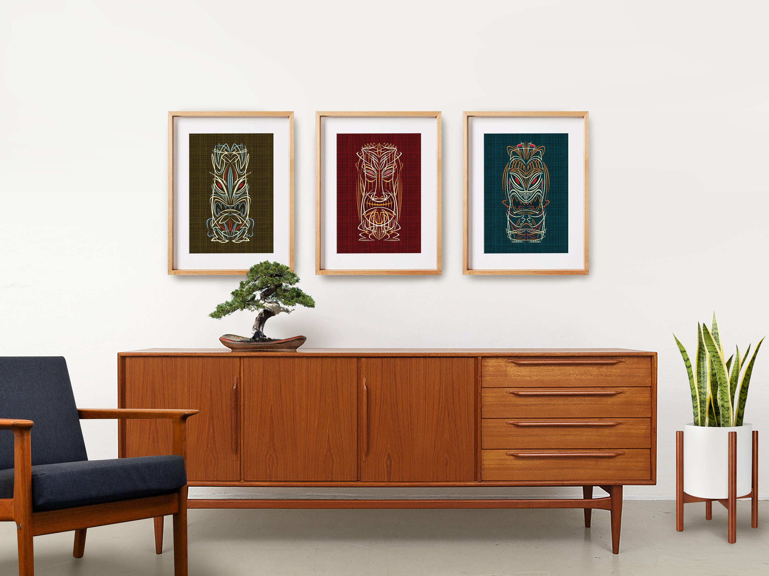 Pinstripe Tiki Head Art Print No. 3 Mid Century Modern Tiki - Etsy