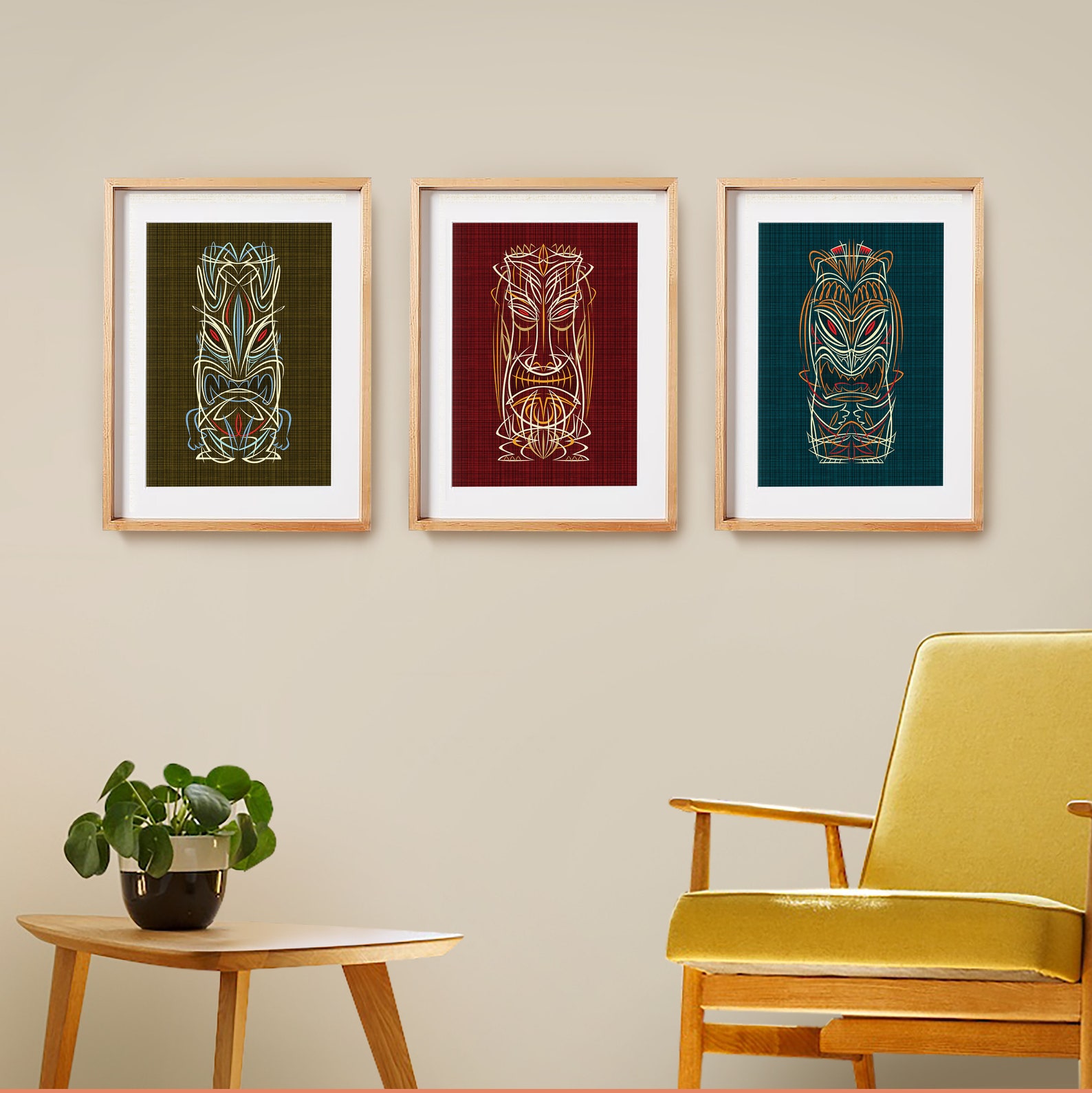 Pinstripe Tiki Head Art Print No. 3 Mid Century Modern Tiki - Etsy
