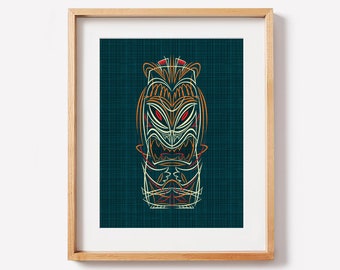 Pinstripe Tiki Head Art Print No. 2 Tiki Mid Century Modern | Etsy