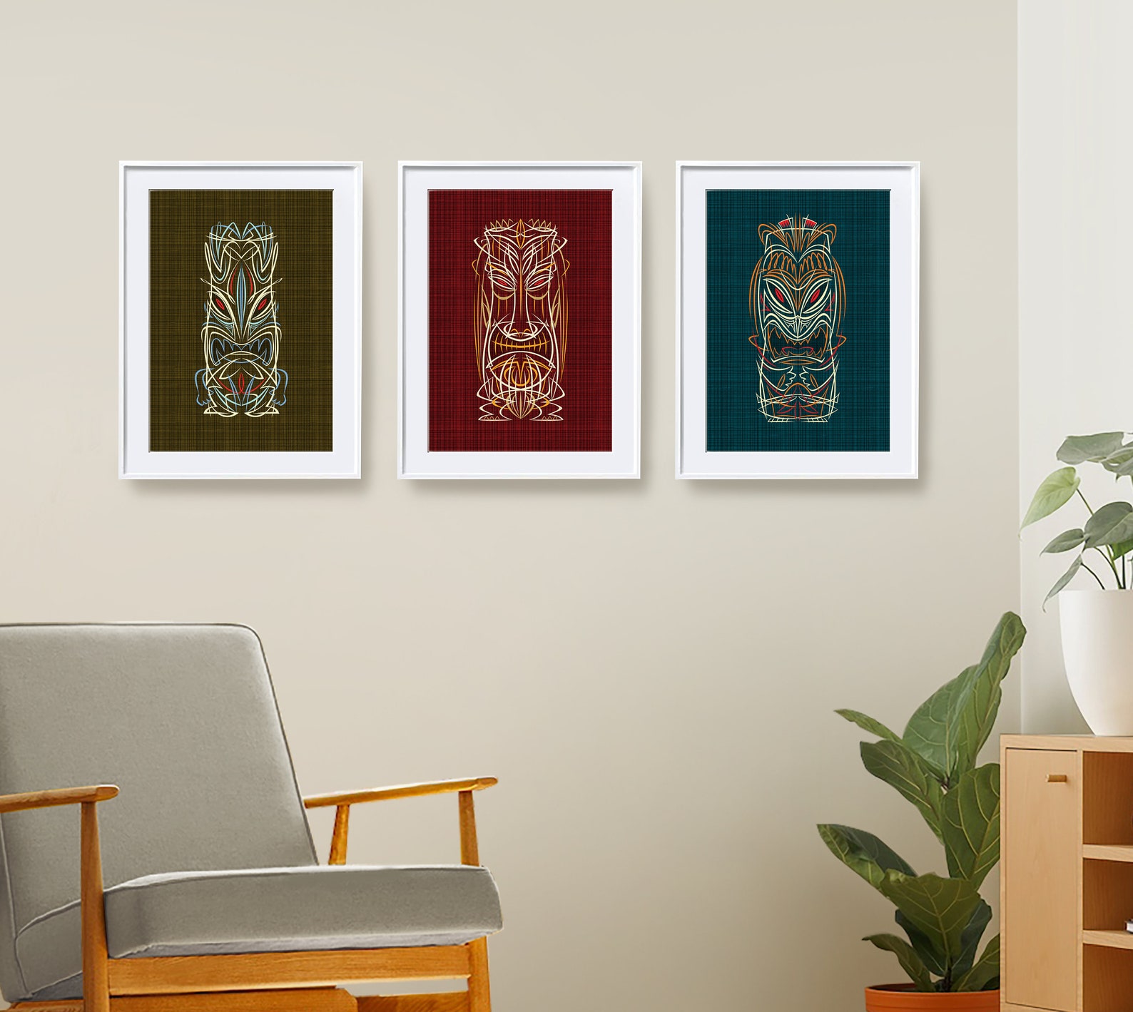 Pinstripe Tiki Head Art Print No. 3 Mid Century Modern Tiki - Etsy