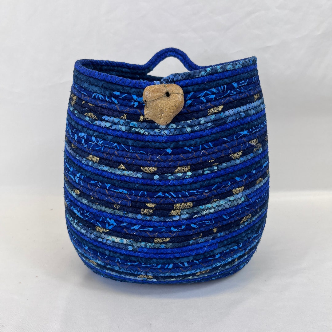 Blue Basket, Coiled Rope Basket, Fabric Storage Container, Hanging ...