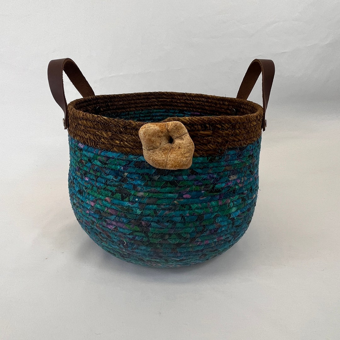 Large Blue Basket Coiled Rope Basket Tote Bag Handcrafted - Etsy