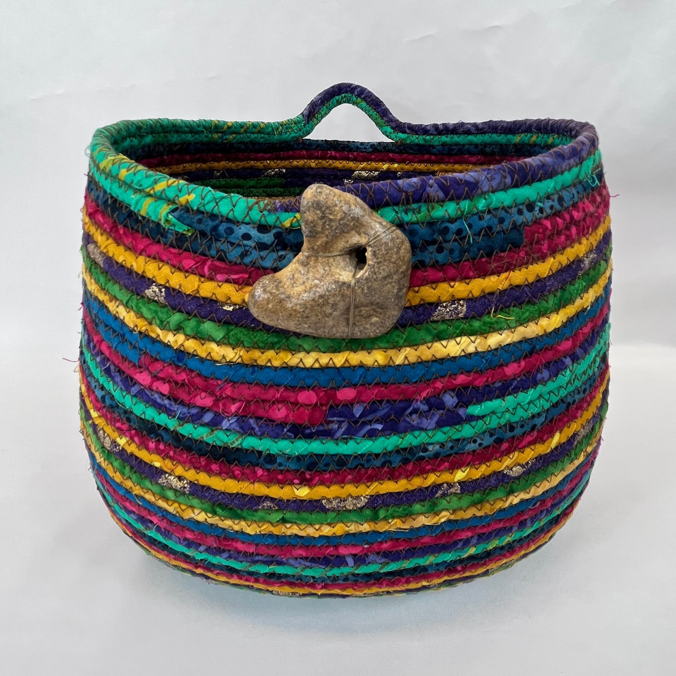 Large Multi-colored Basket, Coiled Rope Basket, Fabric Basket, Hanging ...