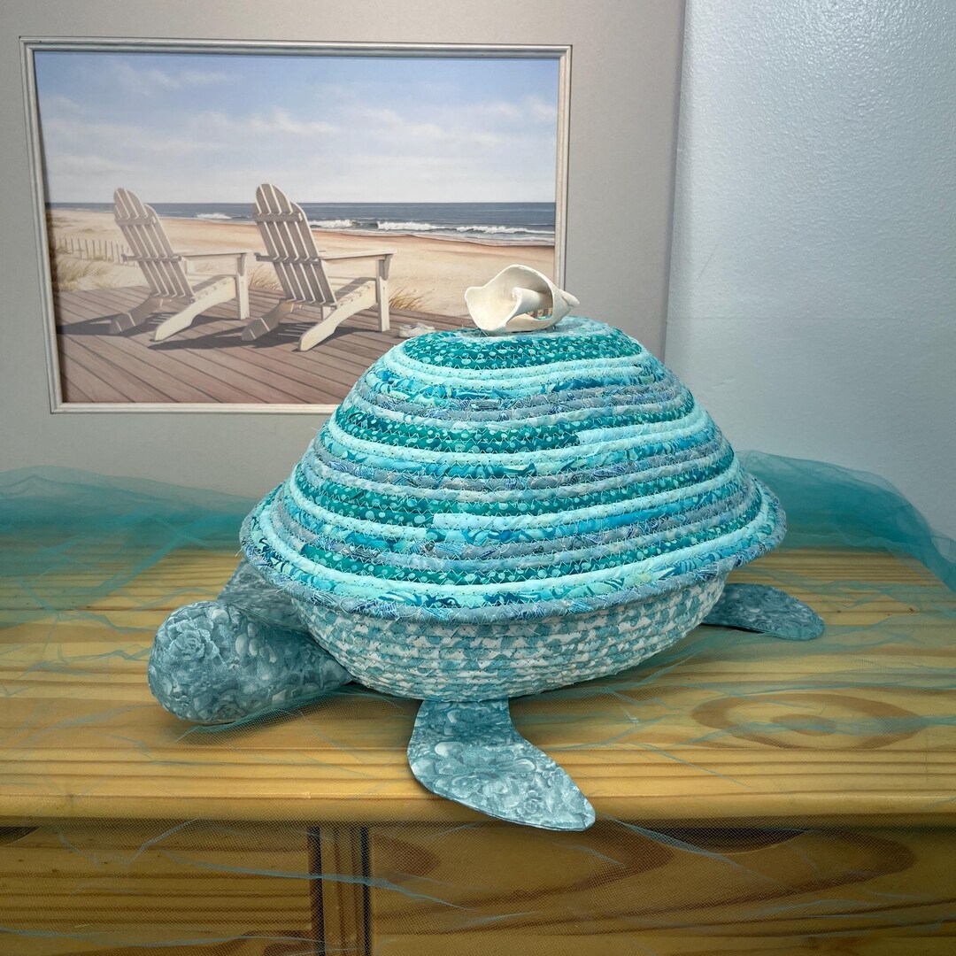 Handmade Coiled Rope Sea Turtle Basket With Lid, Beach Theme Storage ...