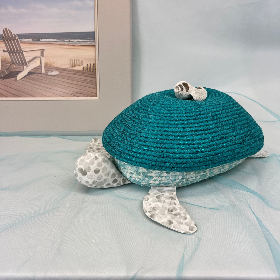 Teal Turtle Basket, Coiled Rope Basket, Beach Theme, Ocean Vibe ...