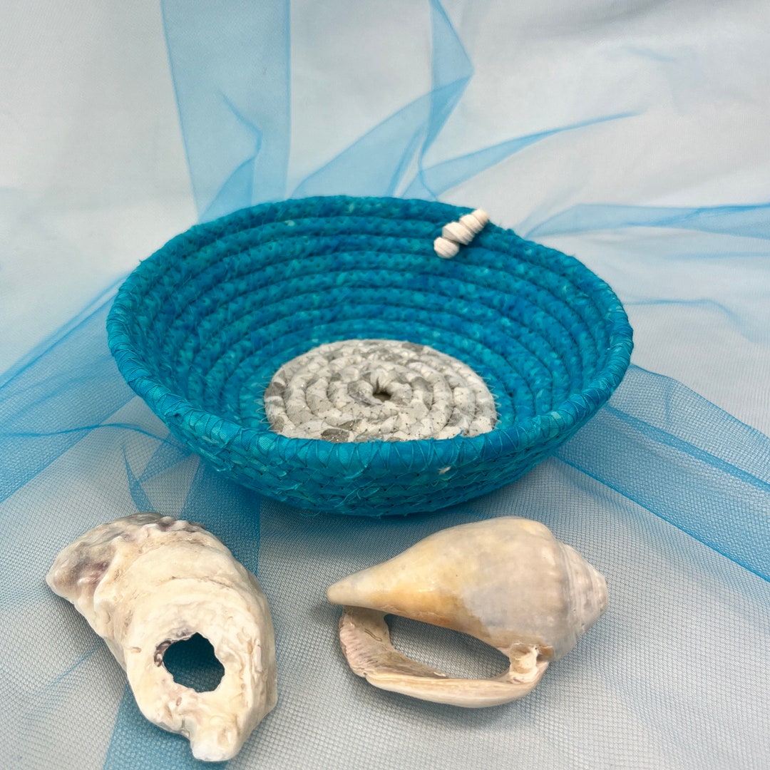 Mini Rope Basket Blue Coiled Rope Bowl Ocean Vibe Beach - Etsy