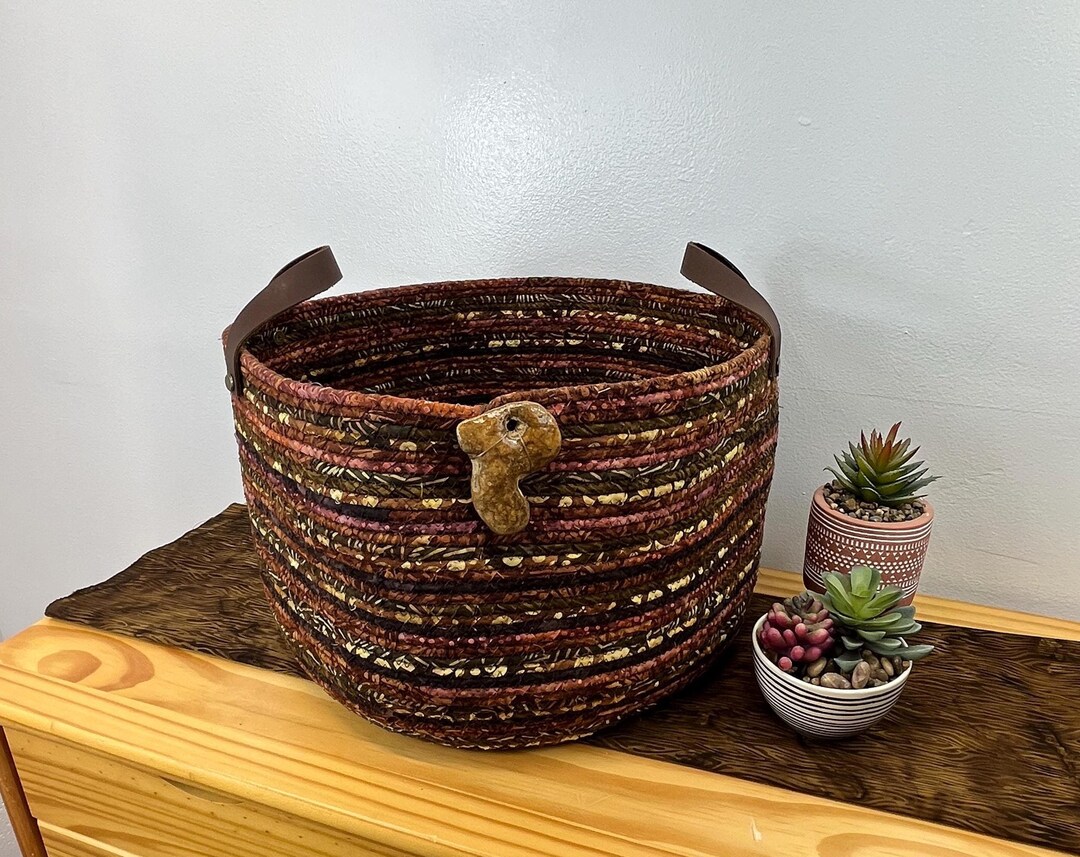 XL Brown Round Coiled Rope Basket With Handles, Crochet Tote ...