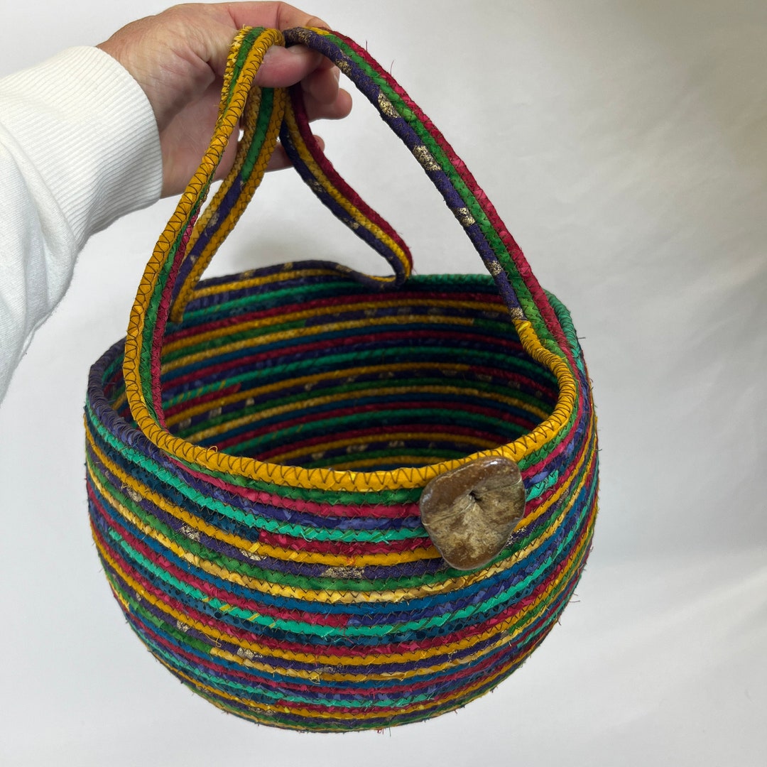 Large Colorful Coiled Rope Basket, Fabric Rope Basket, Market Basket ...