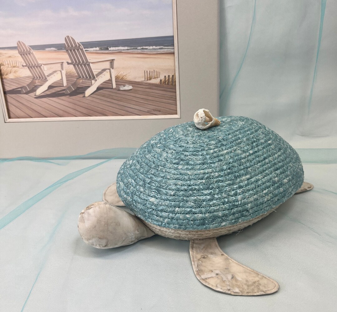 Blue Tan Sea Turtle Basket, Coiled Rope Basket, Beach Theme, Ocean Vibe ...