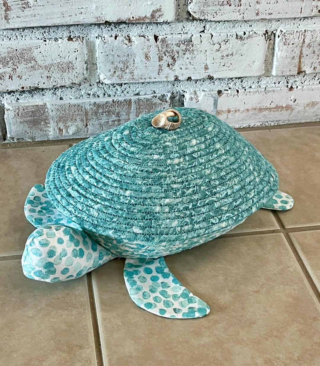 Handmade Coiled Rope Sea Turtle Basket With Lid, Beach Theme Storage ...