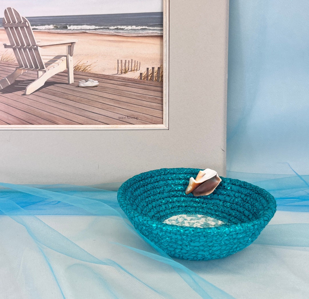 Mini Teal Seashell Basket, Coiled Rope Basket, Handcrafted Catch-all ...