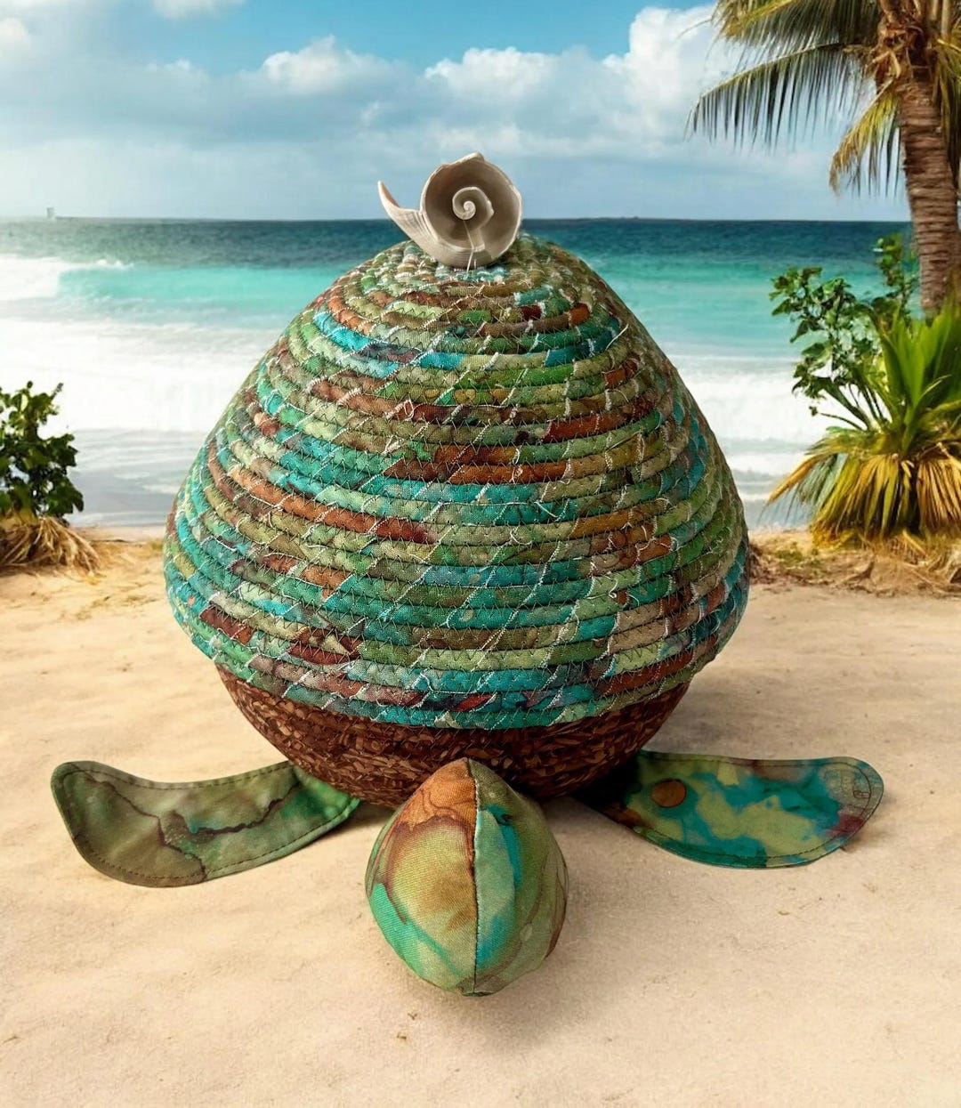 Large Sea Turtle Basket With Lid, Brown Green Handcrafted Coiled Rope ...