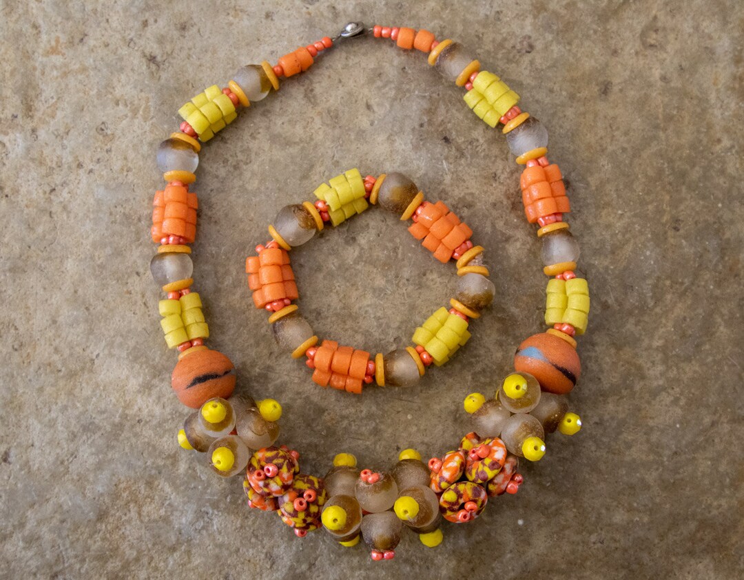 African Pearl Necklace With Bracelet orange/yellow Jewelry Set ...