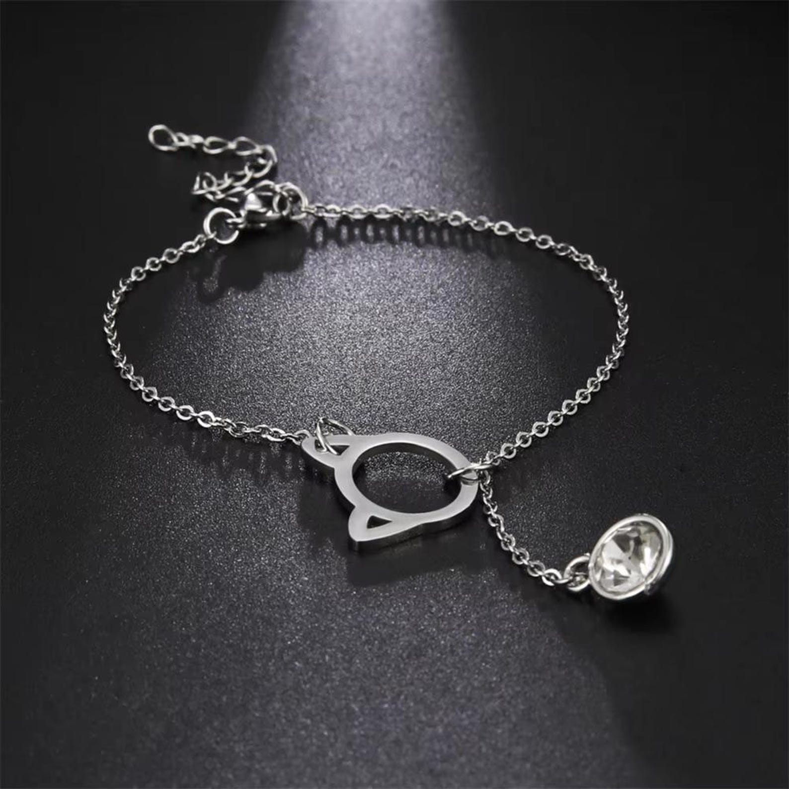 Cat Charm Bracelet With Crystal Pendant, Stainless Steel Kitten ...