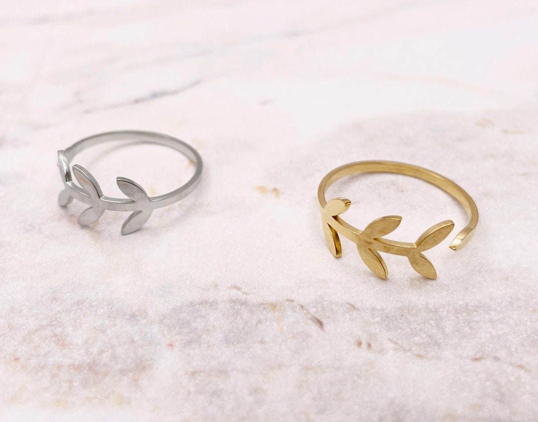 Leaf Branch Open Adjustable Stainless Steel Gold Ring, Stackable Leaves ...