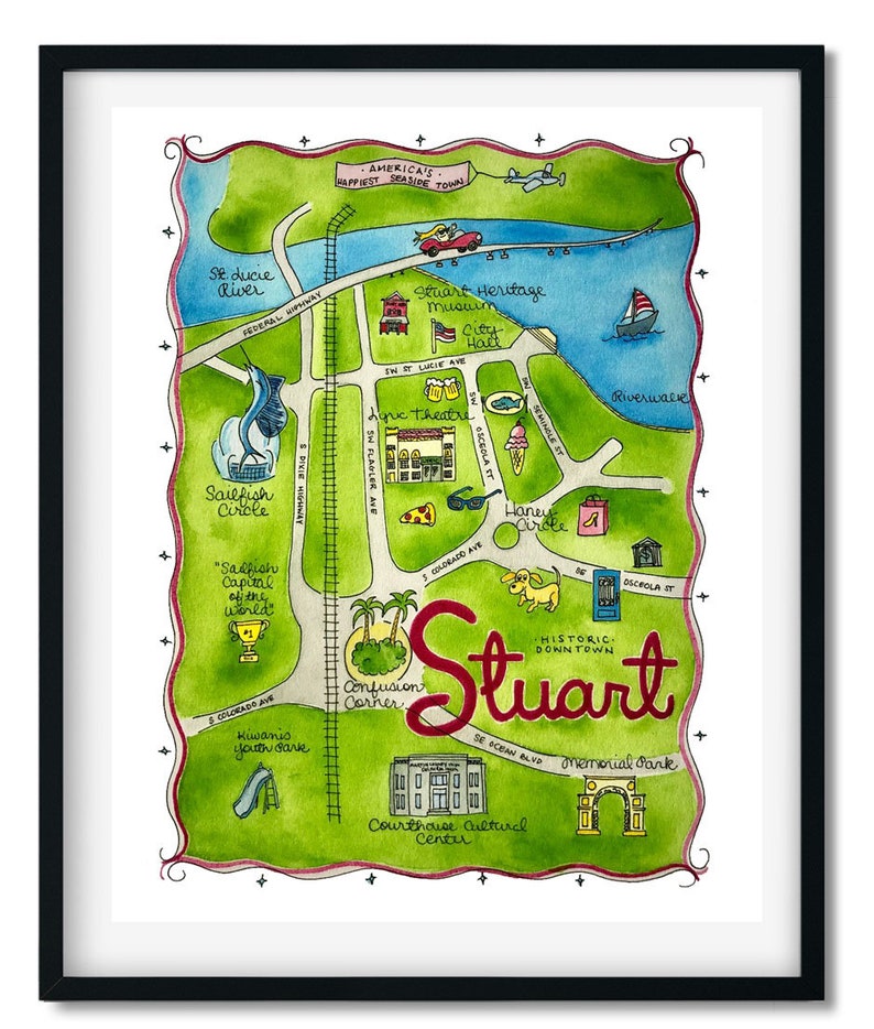 Stuart Florida Map Print – Watercolor Downtown Stuart FL Art - Etsy