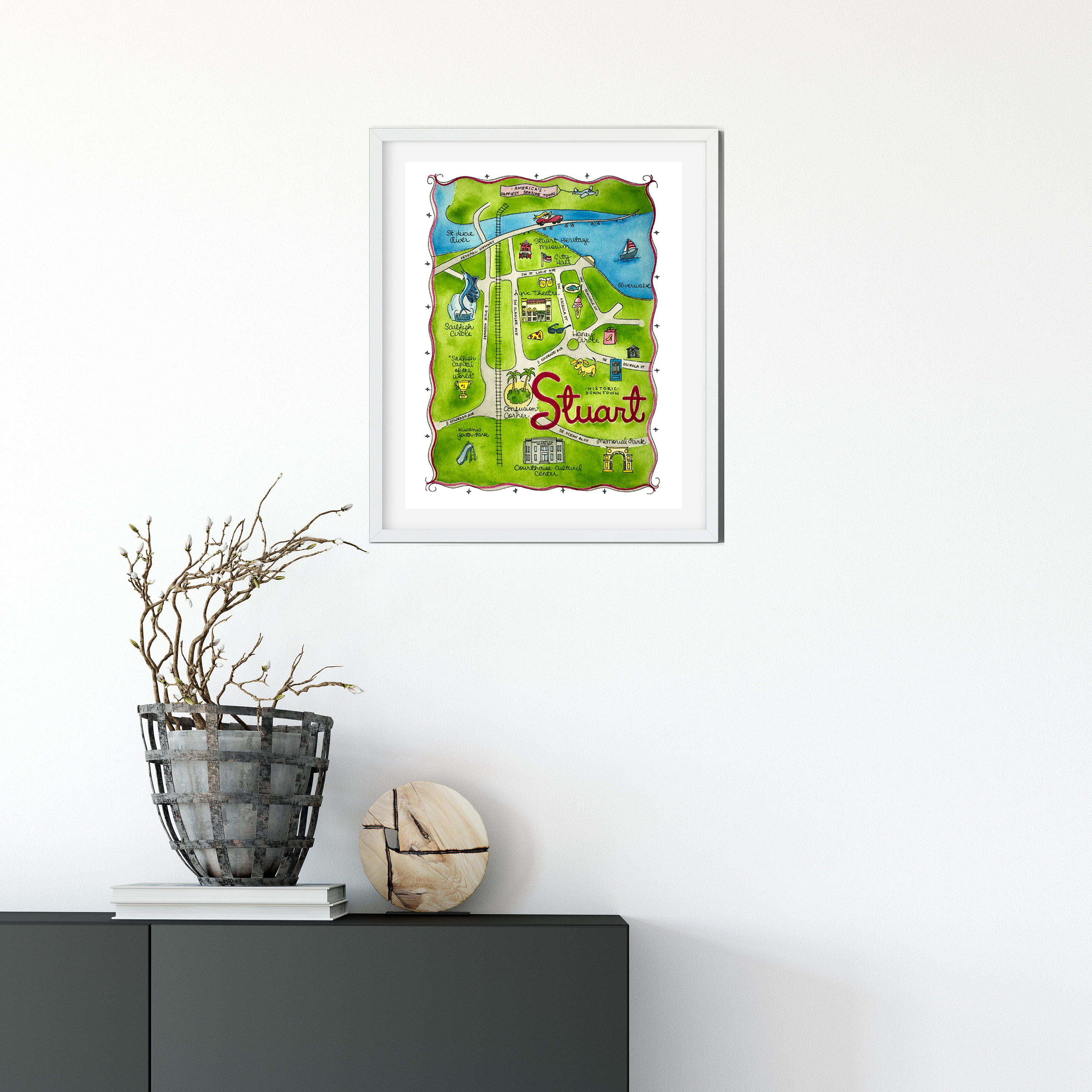 Stuart Florida Map of Stuart FL Downtown Stuart Home Decor Watercolor ...