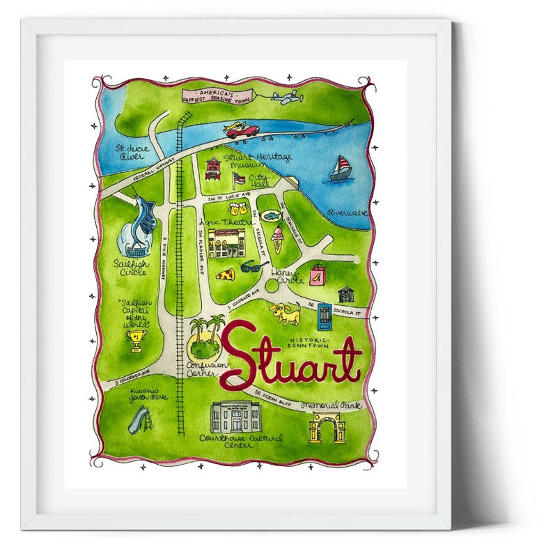 Stuart Florida Map Print – Watercolor Downtown Stuart FL Art - Etsy