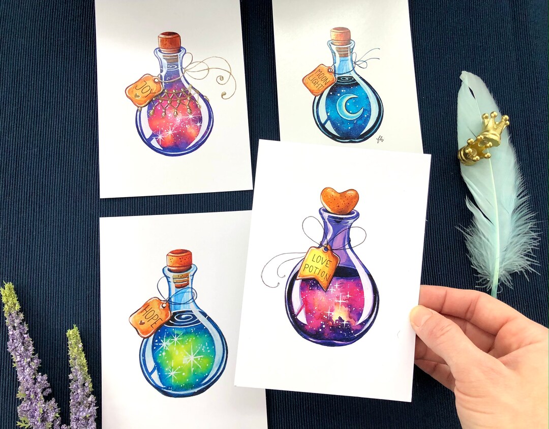 4 Fantasy Postcards in a Set With Magic Potions in Din A6 Format as a ...
