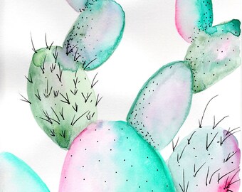 Handmade Watercolor Pink and Green Cactus Download and Print Art - Etsy