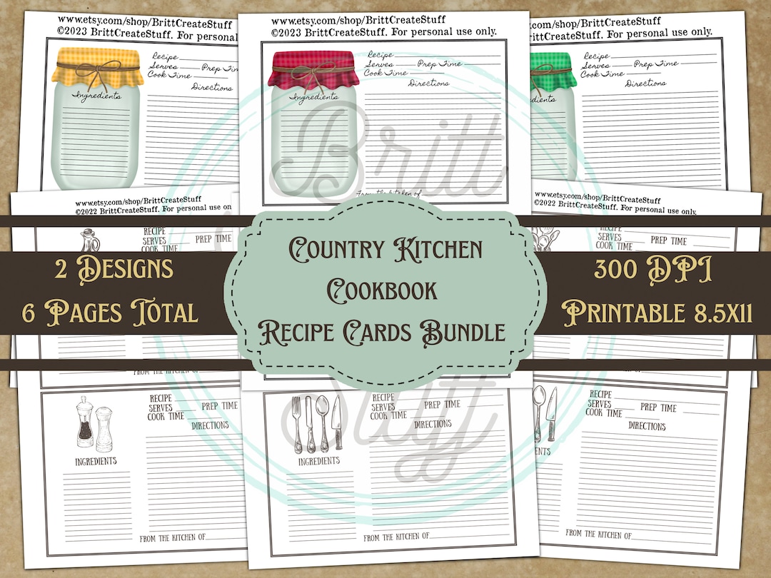 Country Kitchen Cookbook, Printable Recipe Cards, Junk Journal Kit ...