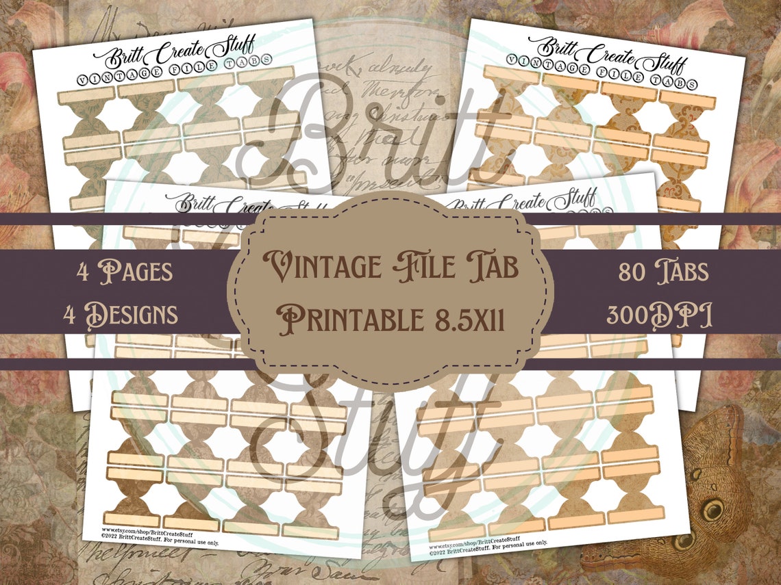 Vintage File Tabs, Printable Divider Tabs, Index Tabs, Label Tabs, Junk Journal Supplies ...
