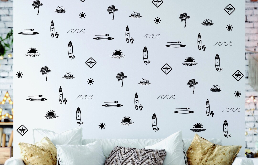 Surf Wall Decals - DIY Beach Mural - SUP, Surfboard, Palm Tree, Sun ...