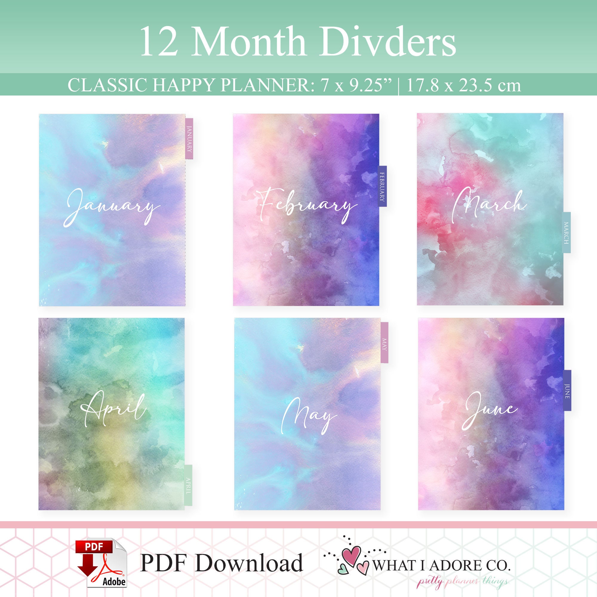Classic Happy Planner Dividers Printable Monthly Watercolour Tabbed ...