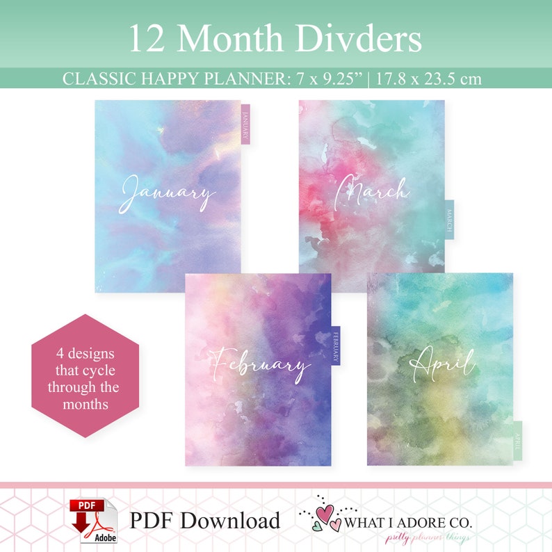 Classic Happy Planner Dividers Printable | Monthly Watercolour Tabbed ...