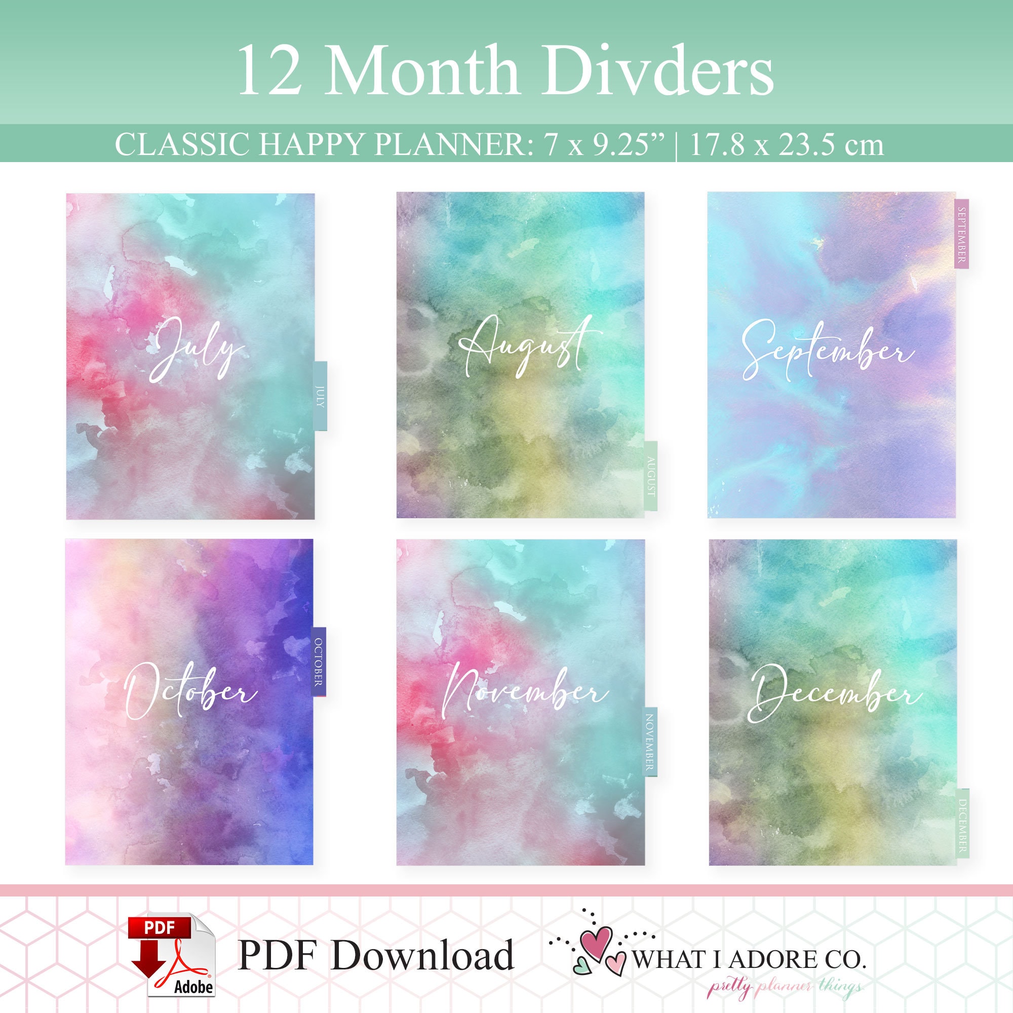 Classic Happy Planner Dividers Printable Monthly Watercolour Tabbed ...