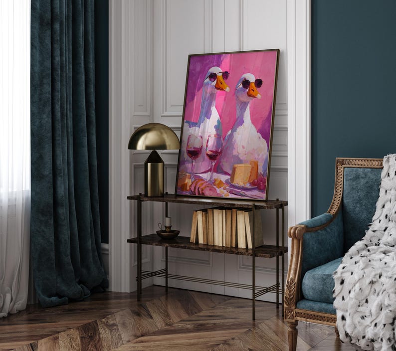 Quirky Duck Wall Art Print, Ducks Drinking Wine Poster, Retro ...
