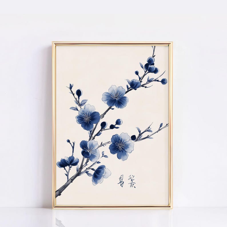 Blue Japanese Floral Art Print, Vintage Japanese Decor, Abstract Art ...