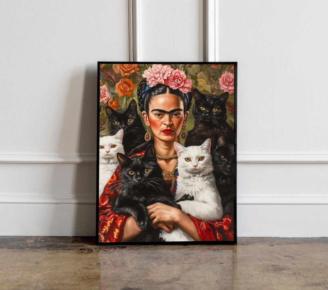 Frida Kahlo Self-portrait With Cats Print, Vintage Frida Kahlo Poster ...