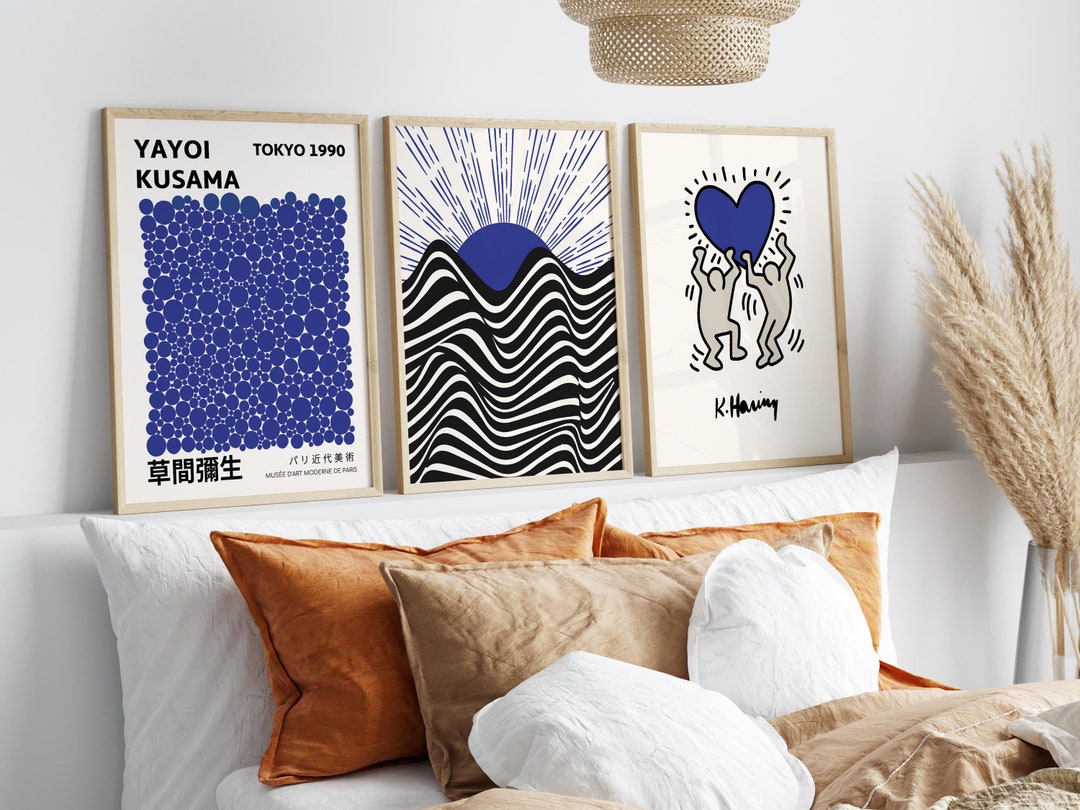 Gallery Wall Art Set of 3 Sage Blue Kusama, Keith Haring and Bauhaus ...