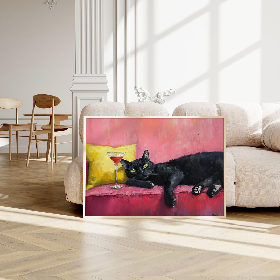 Black Cat With Martini Art Print, Cute Quirky Whimsical Print, Cocktail ...
