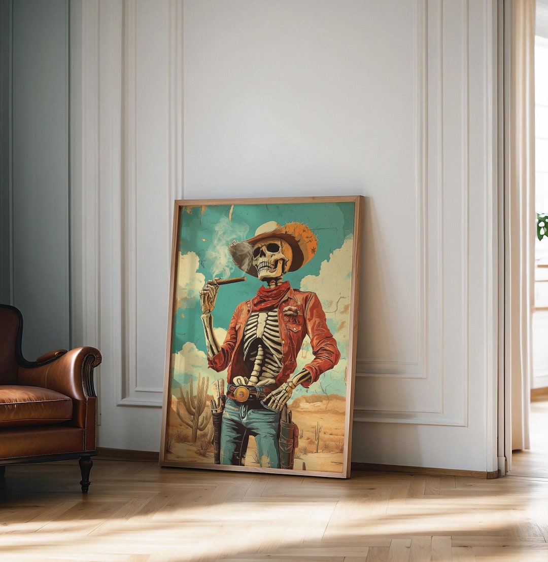 Skeleton Cowboy Print Western Decor Day of the Dead Art Vintage ...