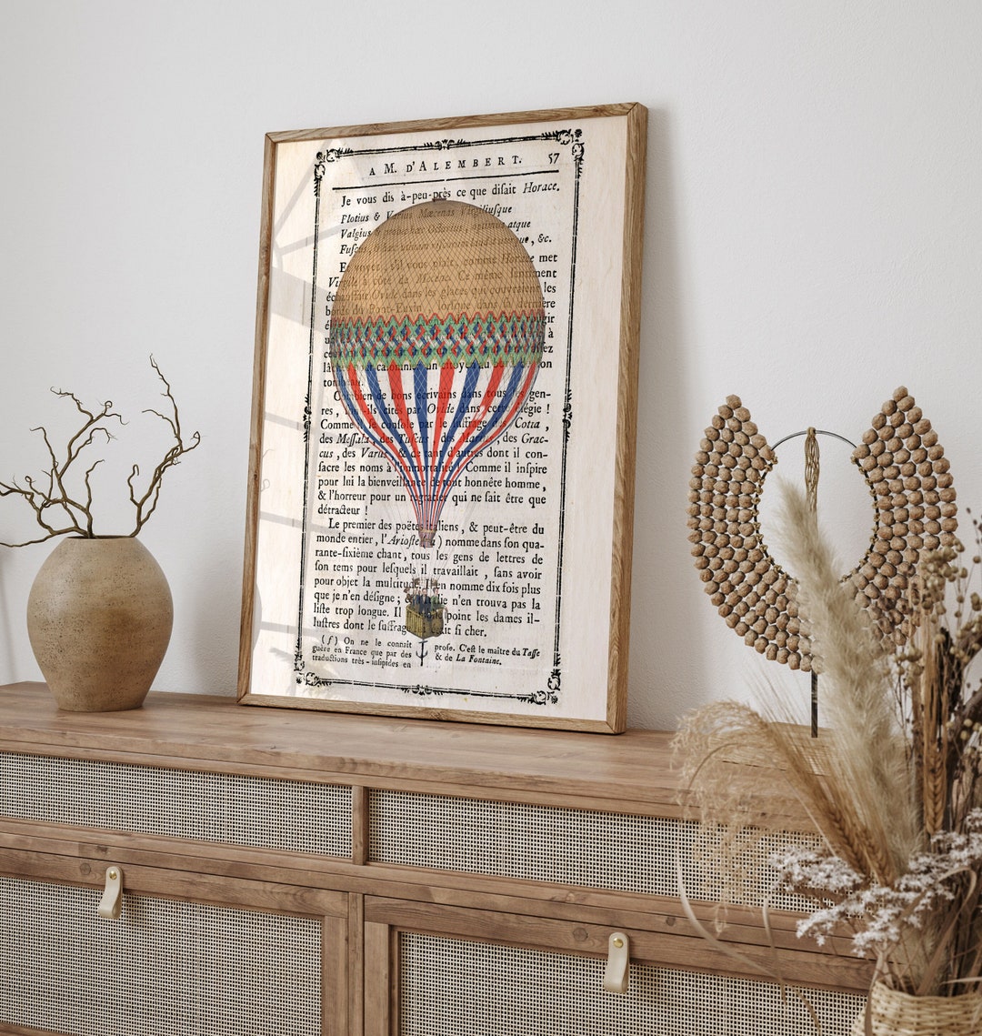 Baloon on Antique Old Book Page Poster Print, Hot Air Baloon Wall Art ...