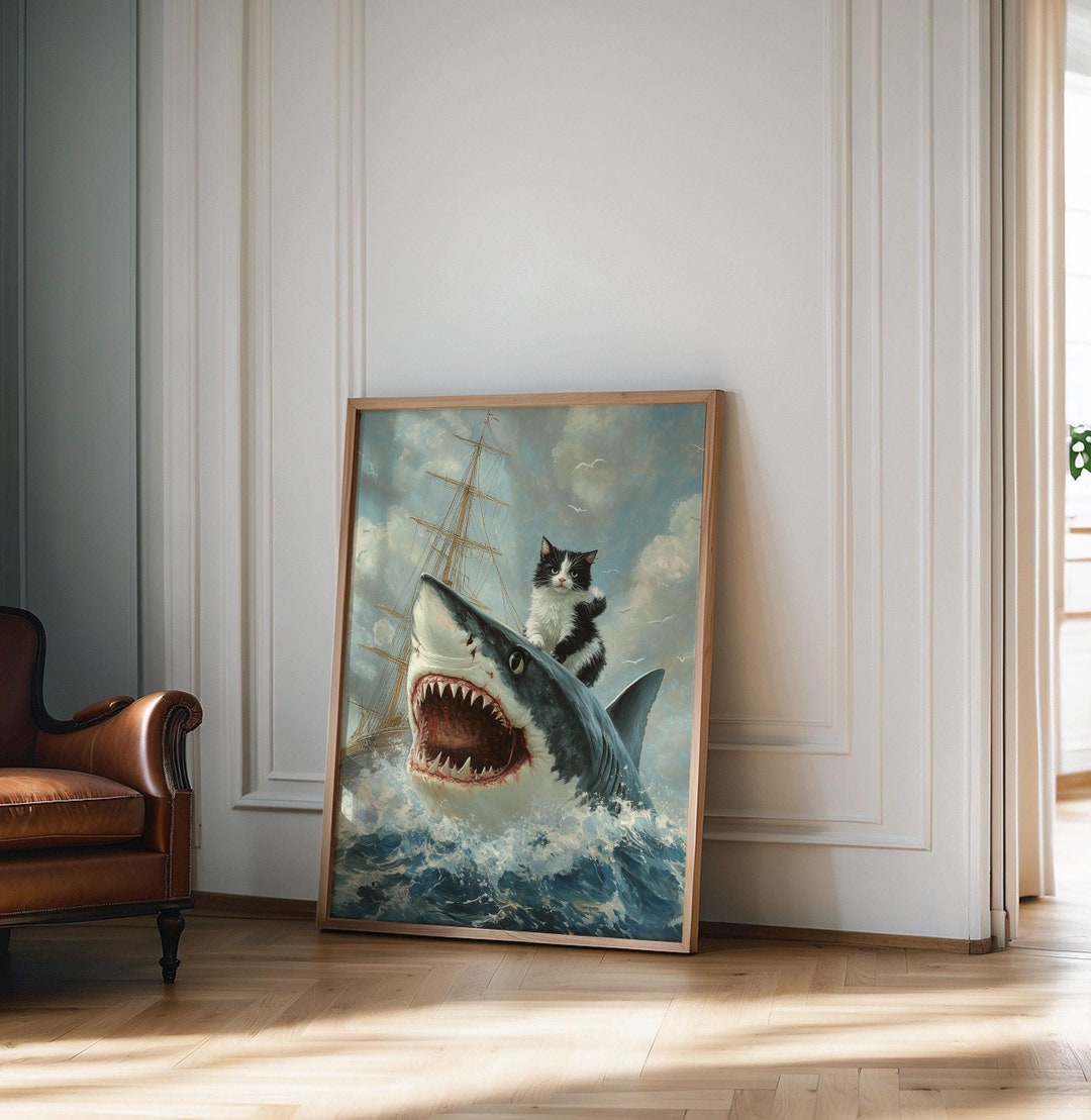 Fat Cat and Shark Funny Meme Art Print, Renaissance Painting Style ...