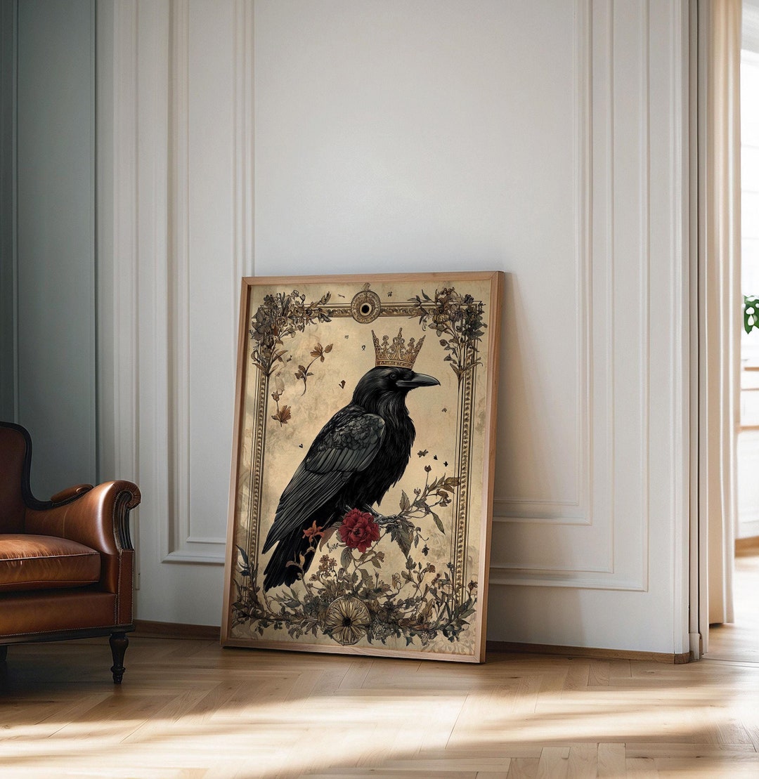 King Raven Norse Folk Art Poster, Mystical Moon Wall Poster, Flowery ...
