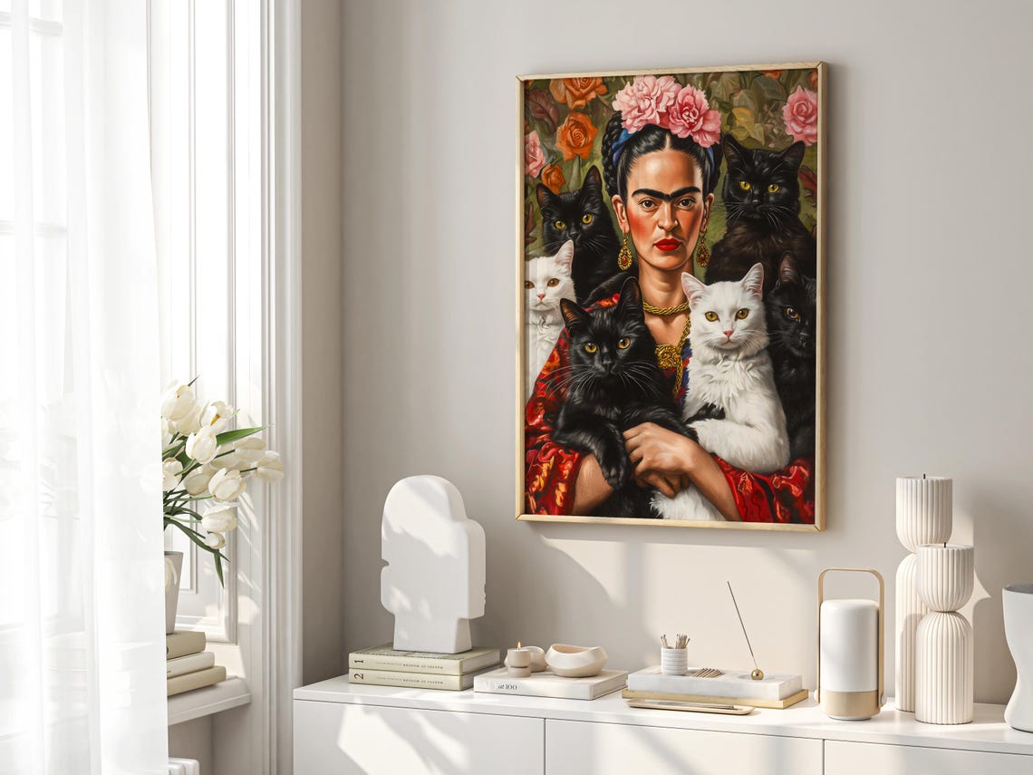 Frida Kahlo Self-portrait With Cats Print, Vintage Frida Kahlo Poster ...