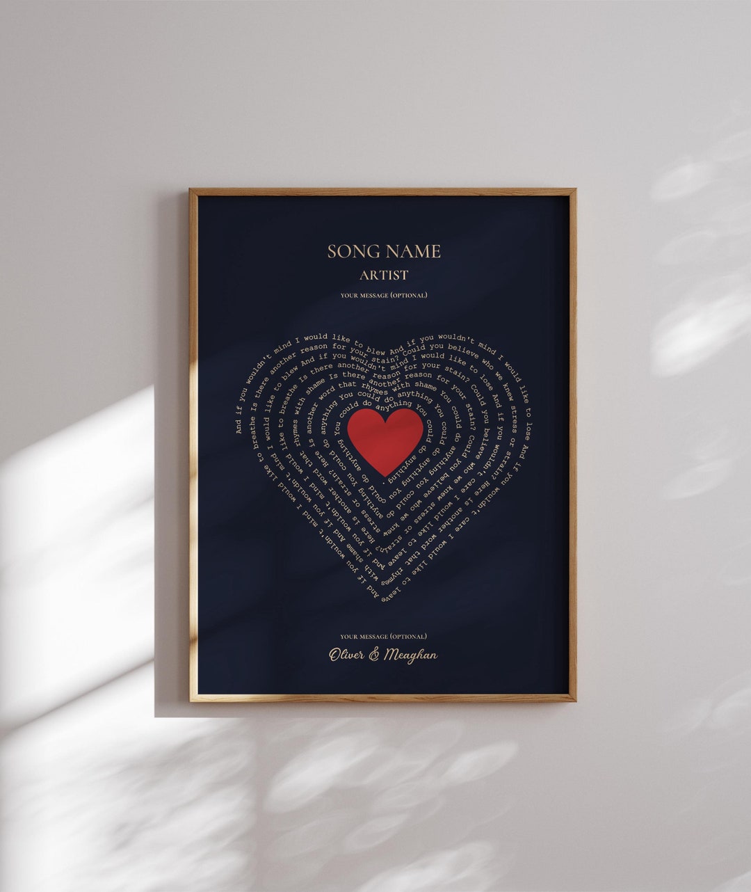 Heartfelt Song Lyrics Print - Custom Heart Shape Wall Art, Personalised ...