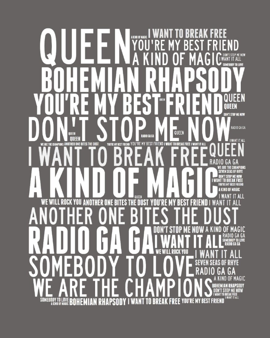 PRINTABLE Queen Music Songs Poster Art Print in Grey. Radio Ga Ga, We ...