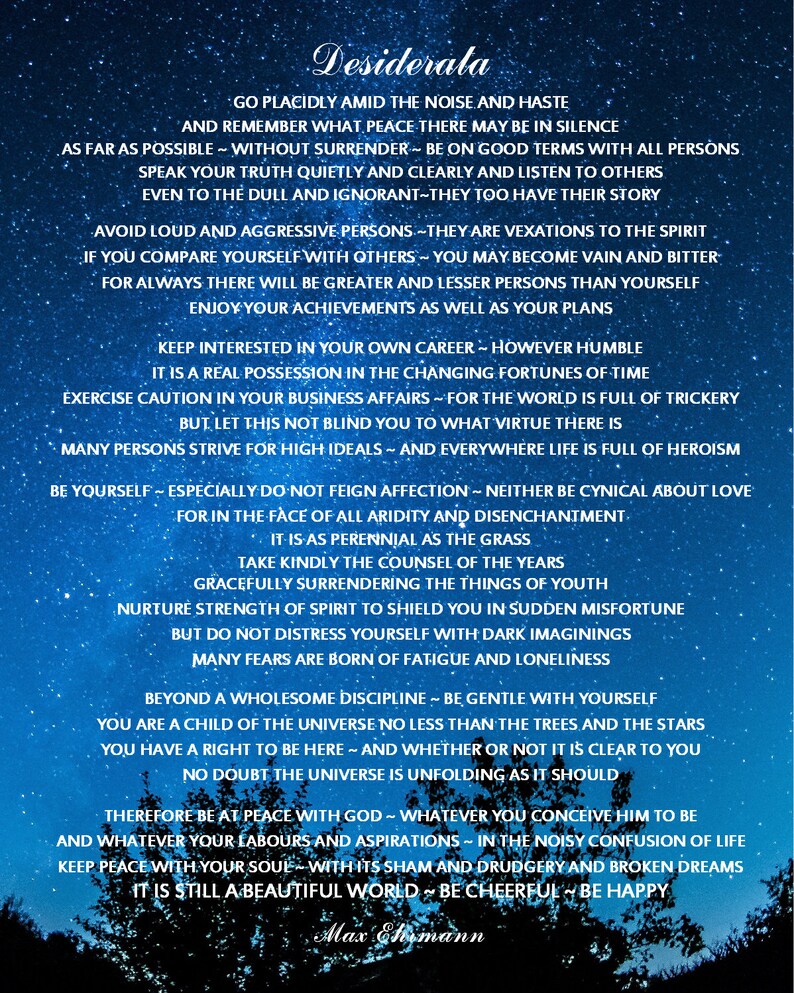 PRINTABLE Art Print. Desiderata by Max Ehrmann Poem Quote With Stars ...