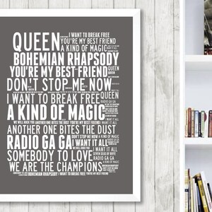 PRINTABLE Queen Music Songs Poster Art Print in Grey. Radio Ga Ga, We ...
