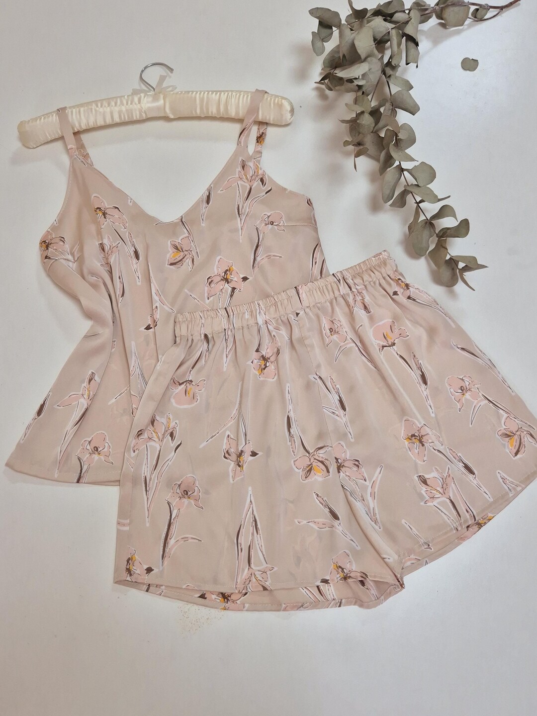 Beige Silk Pajama Set Silk Pajamas With Print Women Silk Pajama Shorts ...