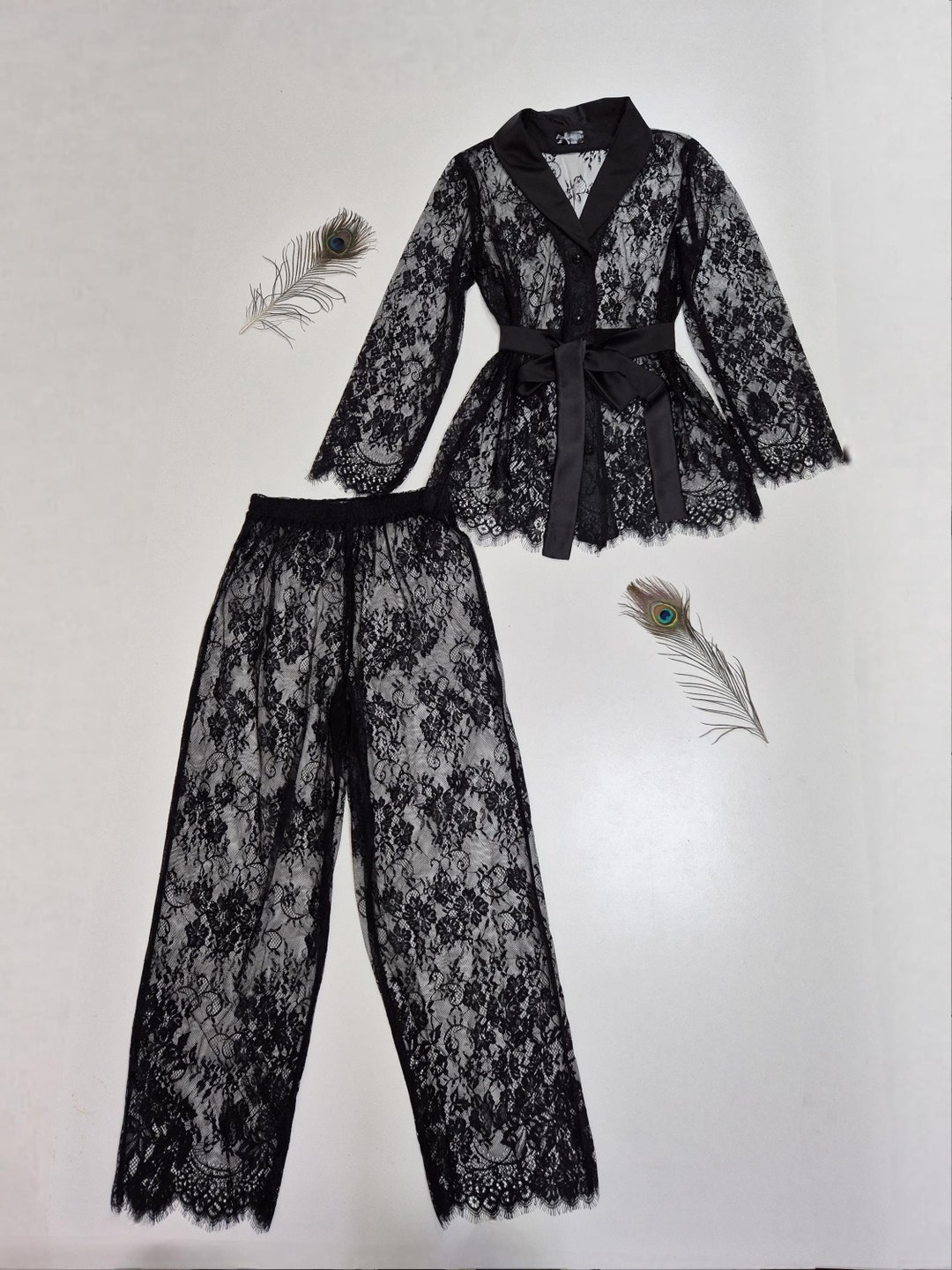 Black Sheer Lace Suit With Pants and Blouse, Lace Trousers, Lace Blouse ...