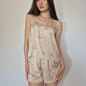 Beige Silk Pajama Set Silk Pajamas With Print Women Silk Pajama Shorts ...